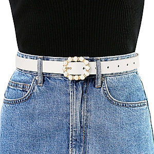 Allegra K Womens Pearl Waistband Skinny Leather Adjustable Pin Buckle Belt for Jeans Dresses Pants 75-90cm/29.53"-35.43" White