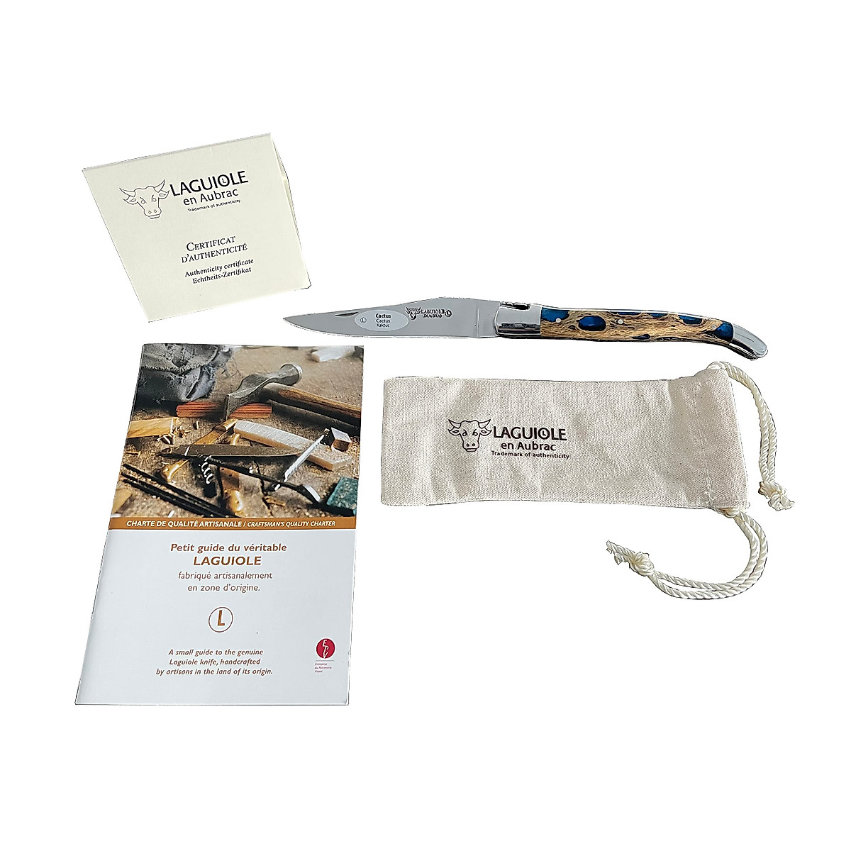 Laguiole en Aubrac Handmade Double Plates Folding Pocket Knife, 4.8-in (12cm), Cactus Blue Handle, Stainless Steel Shiny Bolsters