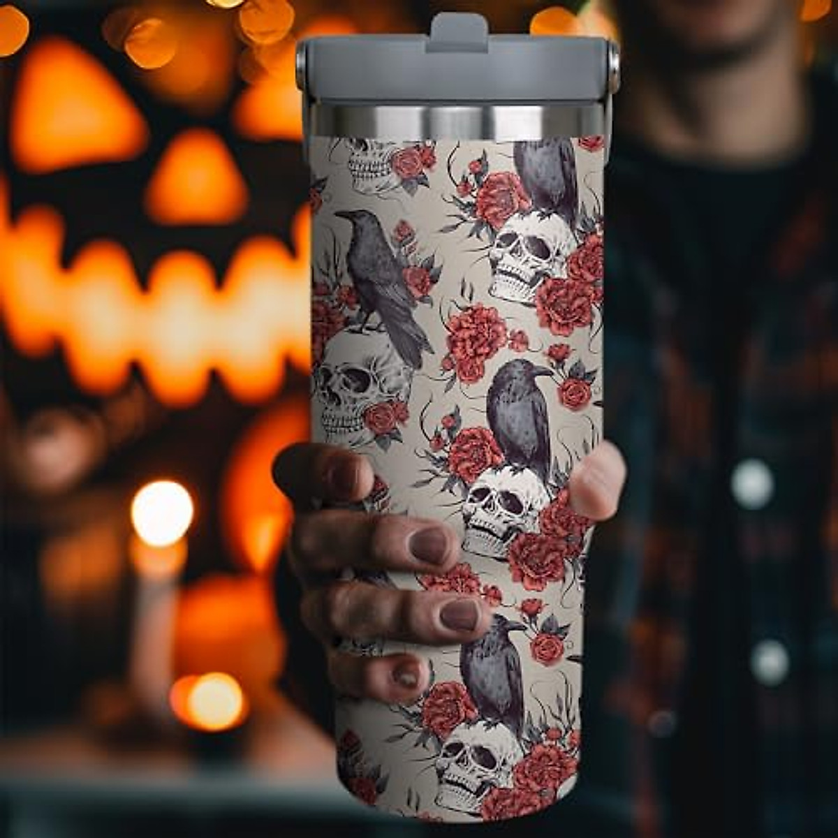 ysnifeiw 30oz Halloween Tumbler with Top Handle and Straw, Stainless Steel Insulated Gohst Pumpkin Cup Halloween Skeleton Coofee Mug Gifts for Women Men