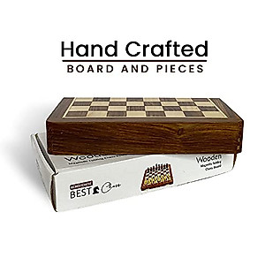 BCBESTCHESS Handmade Magnetic Wooden Folding Chess Board with Extra Queens & Storage for Chessmen (7x7 Inches)