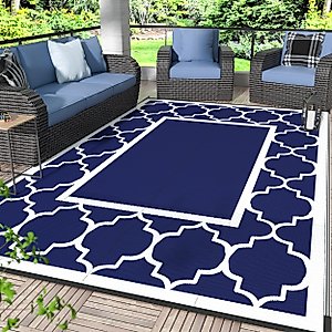 GENIMO 6' x 9' Outdoor Rug Waterproof for Patio Decor, Foldable Reversible Plastic Straw Area Rugs Mat for Camper, Outside Carpet for Rv, Deck, Porch, Picnic, Beach, Balcony, Blue & White