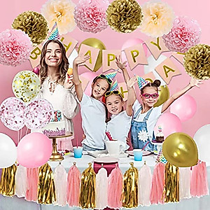 Pink and Gold Happy Birthday Decoration Set for Women Girls and Kids with Happy Birthday Banner, Hanging Tassels, Confetti Balloons, Flower Pompoms Party Decorations Supplies