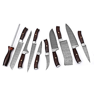 randy Handmade Damascus Kitchen Chef Knife Set - Professional Damascus Steel Knife Set - 10 pcs Japanese Damascus Knife Set With Leather Bag/Case(10801)
