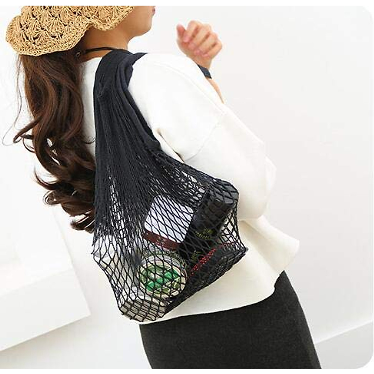 6 Pack Portable,Reusable,Reusable Produce Bags,Washable Cotton Mesh String Organic Organizer Shopping Handbag Long Handle Net Tote (grey blue,Black,Beige,Pink,Purple,Yellow)