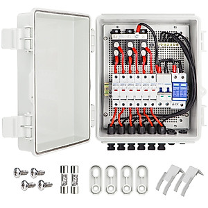 Solar Combiner Box PV Combiner Box 6 Strings with Lightning Arrester and 15A DC Fuse and 63A Circuit Breaker and Diodes for On/Off Grid Solar Panel System IP65