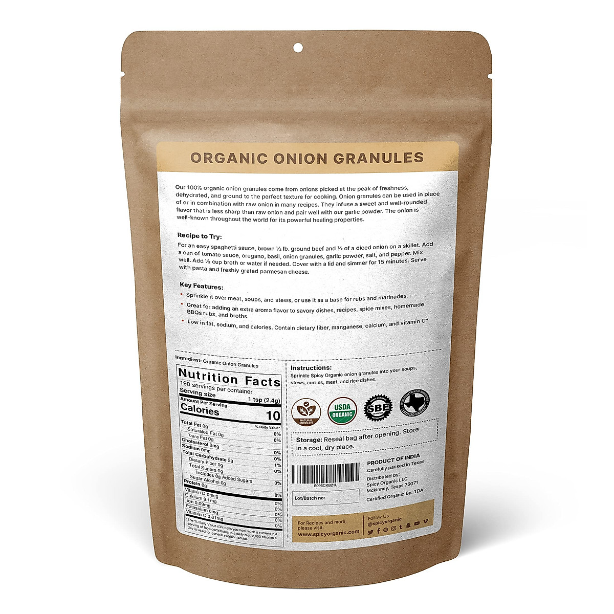 SPICY ORGANIC Onion Granules - Pure USDA Organic - Non-GMO Culinary Granulated Onion- Perfect for Use in Sauces, Soups, Salad Dressings, Condiments, Snack Foods, and Dairy Products - 16 Oz.