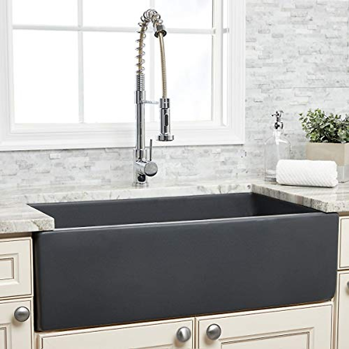 Vintage Tub & Bath 33 Inch Fluted Fireclay Reversible Apron Farmhouse Sink - Matte Dark Gray