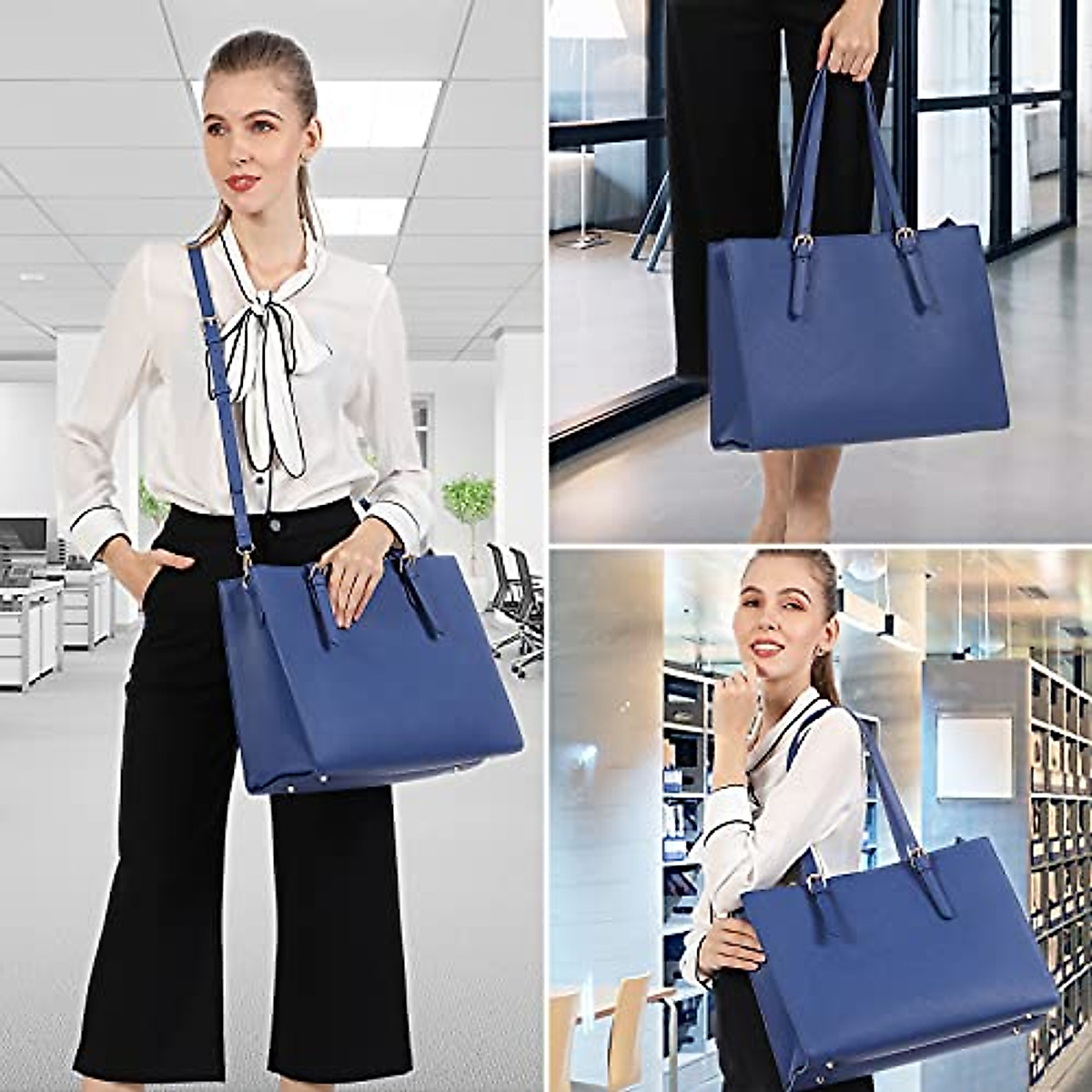LOVEVOOK Laptop Bag for Women, Fashion Computer Tote Bag Large Capacity Handbag, Leather Shoulder Bag Purse Set, Professional Business Work Briefcase for Office Lady, 2PCs, 15.6-Inch, Dark Blue