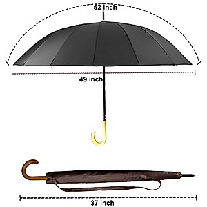 MRTLLOA 52 Inch Windproof Large Umbrellas for Rain, 16 Ribs, J Wooden Handle, 210T High-density Fabric Golf Stick Umbrella(52 Inch, Black)