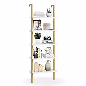 NUMENN 5 Tier Book Shelf, Industrial Ladder Shelf, Open Space Wall Mount Bookshelf with Metal Frame, Sturdy Book Shelves, Bookcase for Living Room, Home Office Shelf, White and Gold