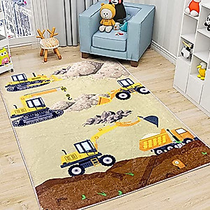 USTIDE Thick Kids Rug Play Mat 4'x6',Cartoon Construction Area Rug Excavator Digger Kids Carpet Boys Girls Bedroom Rugs Floor Carpet Playroom Rug Nonslip Crawling Mat Plush Nursery Rug