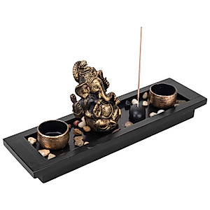 MyGift Mini Zen Garden with Ganesh Statue, Incense Stick Burner, Tealight Candle Holders, Decorative Rocks and Display Tray