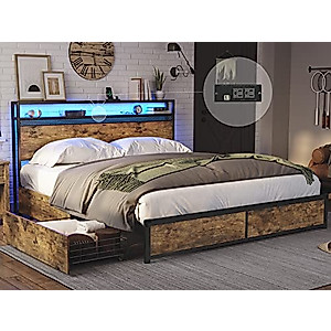 Tiptiper Bed Frame Full Size with Storage Drawers & LED Lights Headboard, Platform Bed Frame with Outlets & USB Ports, Noise-Free, No Box Spring Needed, Rustic Brown