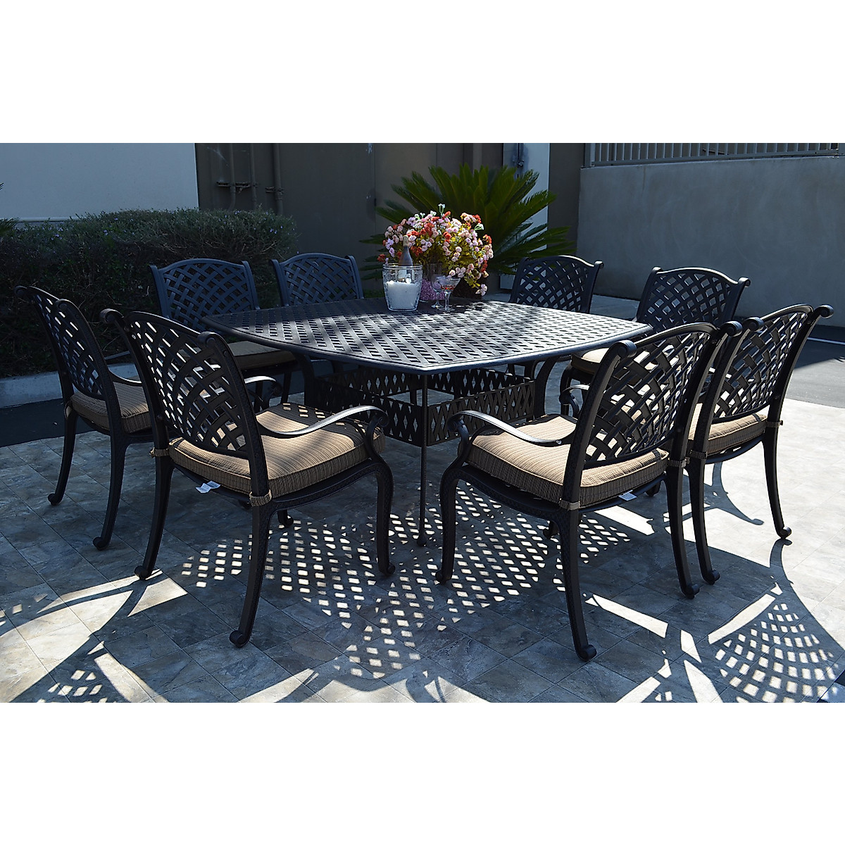 Nassau Outdoor Patio 9-pc Dining Set 64 X 64 Cast Aluminum (9-pc Set (with 8 Regular Chairs), Walnut)