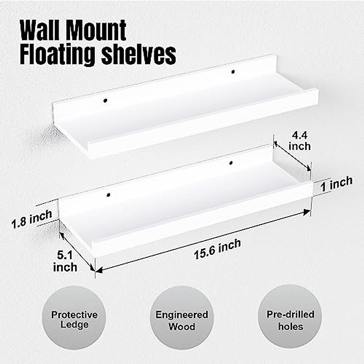 Boswillon Floating Shelves Wall Mounted Set of 2, Modern White Wall Shelves for Bedroom, Nursery White Shelves with Lip, Display Picture Ledge Shelf for Wall Decor Living Room Bathroom Kitchen - White