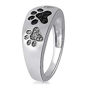 Jewelili Sterling Silver Treated Black and Natural White Round Diamonds Paw Ring, Size 7
