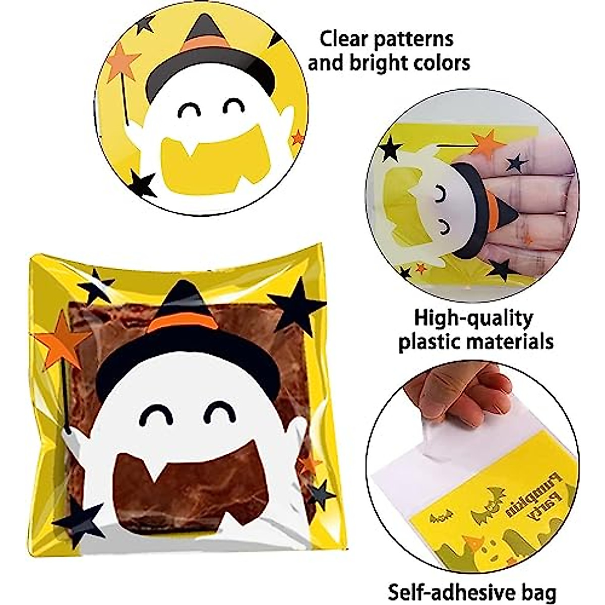 Hfpengzan 300 Pcs Halloween Cellophane Candy Bags,Self Adhesive Clear Cookie Treat Bags for Kids Halloween Party Favor Supplies