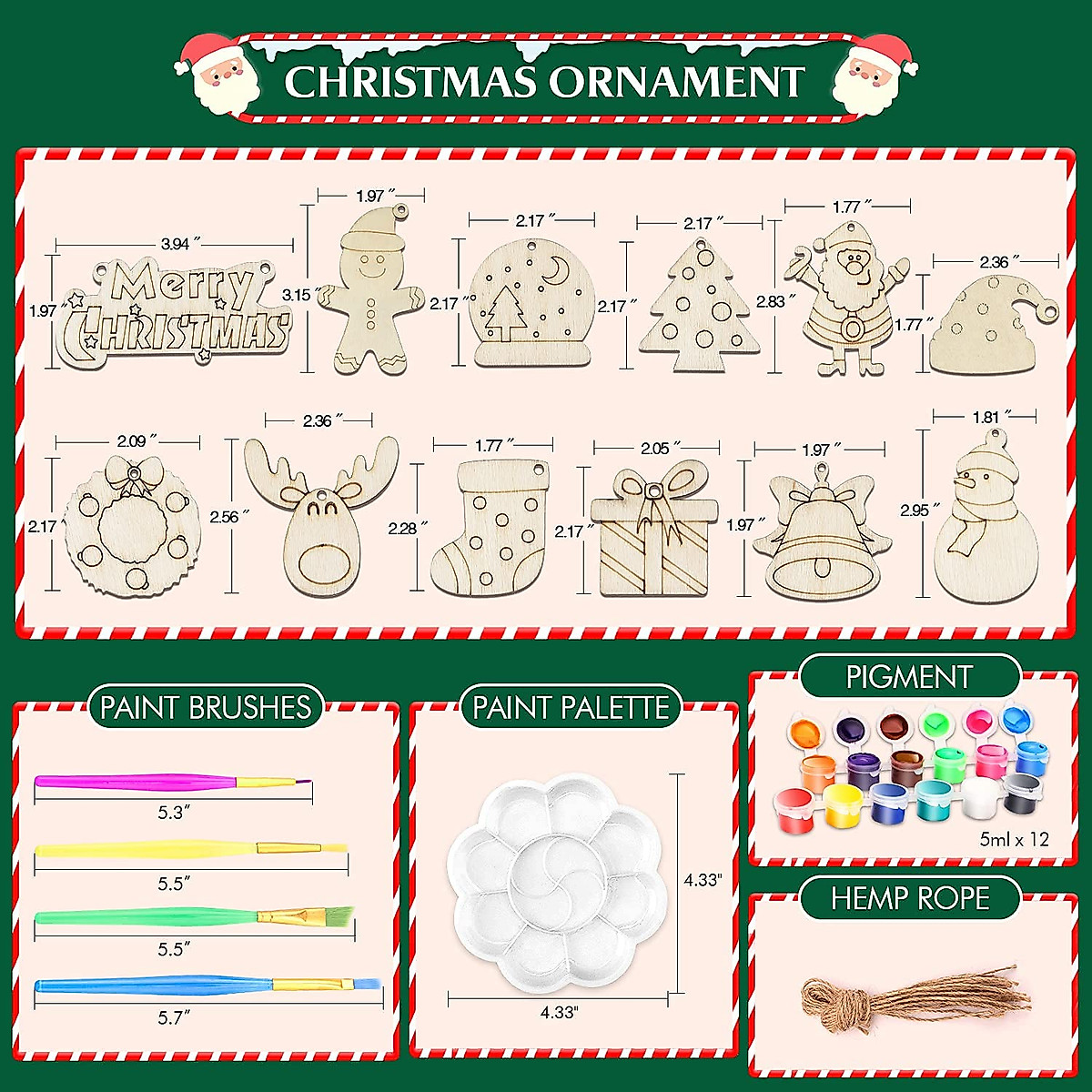 Springflower 36pcs Wooden Christmas Ornaments for Hanging Decorations,12 Styles Unfinished Wood Slices with Holes for Kids,DIY Craft Gift Toys with Paint Set for Girls and Boys Ages 5 6 7 8 9 10 11 12