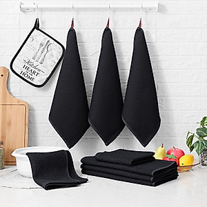 Homaxy 100% Cotton Kitchen Towels and Dishcloths Set, 12 x 12 Inches and 13 x 28 Inches, Set of 8 Bulk Kitchen Towels Set, Ultra Soft Absorbent Dish Cloths for Washing Dishes, Black