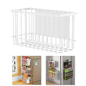 Magnetic Refrigerator Organizer Magnetic Basket Kitchen Organizer Metal Ziplock Bag Storage Organizer (White)