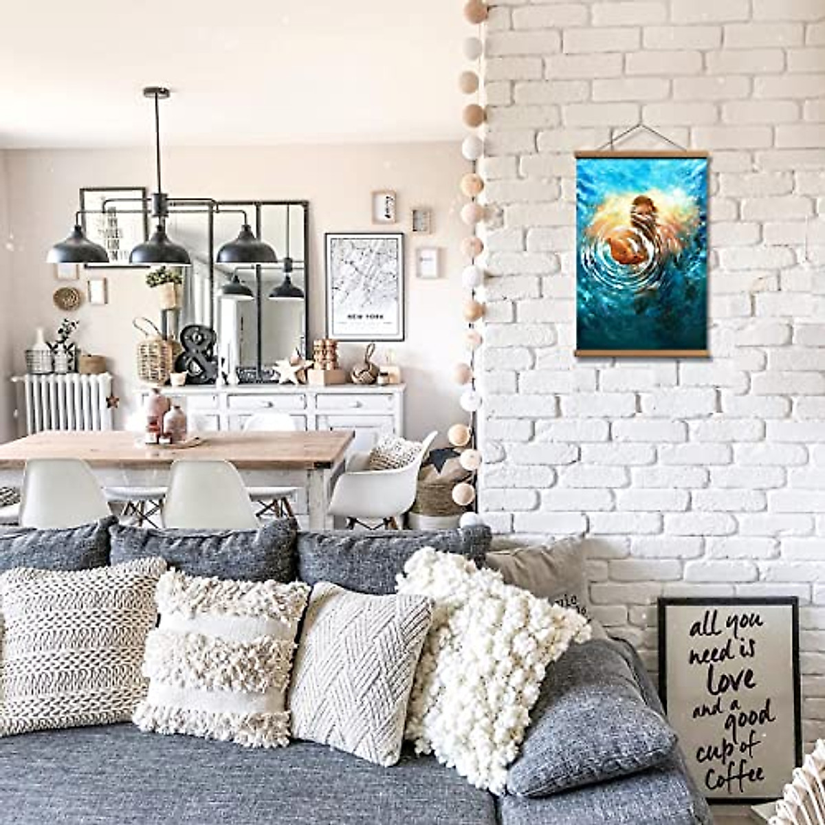 Jesus Hanging Poster Wall Art with Wooden Frame - Fabric Canvas Print Painting Pictures 16x24 inch for Wall