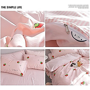 AOJIM Duvet Cover Set Pure Cotton Cute Pink Anime Bedding Set 3 PCS with Zipper Closure, 1 Kawaii Strawberry Duvet Cover and 2 Pillowcases, Japanese Style Quilt Cover Queen, No Comforter