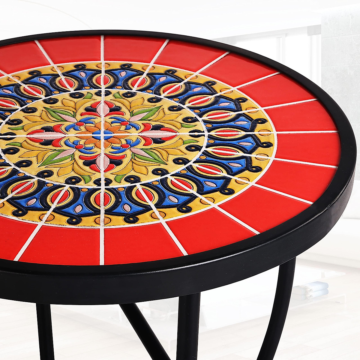 Elevon Outdoor Side Table Mosaic Patio Table, 21” Accent Table Round End Table with 14” Ceramic Table Top, Outdoor Patio Furniture Balcony Table for Garden Backyard Pool Porch Bistro, Plant Stand