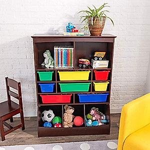 KidKraft Wooden Wall Storage Unit with 8 Plastic Bins and 13 Compartments, Espresso, Gift for Ages 3+