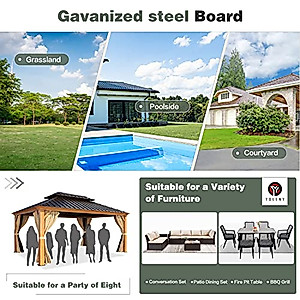 YOLENY 12' x 16' Gazebo, Hardtop Wood-Looking Gazebo with Galvanized Steel Double Roof, Aluminum Frame with Netting and Curtains for Deck, Backyard, Patio, Lawns