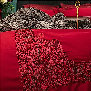 BONOOL 4-Piece Bed Sheet Set Duvet Cover Set Egyptian Cotton Lace Wedding Set 4 Pieces Red King Queen Size Bedclothes Cover Set Pillowcases Luxury Set (Size : Queen) (King)