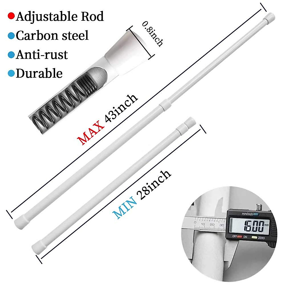 2 Pack Spring Tension Curtain Rod Adjustable 28-43 Inches，5/8" Diameter， White，Small Short Expandable Spring Loaded Curtain Tension Rods For Window, Bathroom, Cupboard,Kitchen