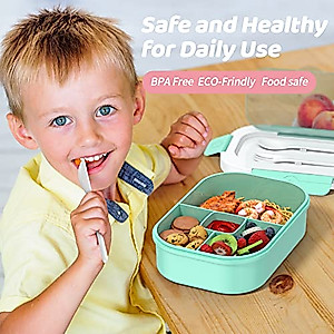 RGNEIN Bento Box Adult Lunch Box, 1300 ML 4-Compartment Bento Lunch Box for Kids, No BPA, Lunch Containers for Adults Come with Fork and Spoon, Leak Proof, Microwaveable, Dishwasherable (Green)