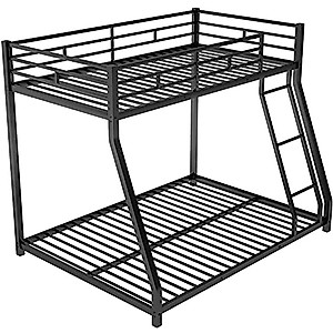 DNYN Twin Over Full Metal Bunk Bed with Safety Guardrail & Ladder for Kids/Adults,Floor Bunkbeds,Sturdy Steel Bedframe,No Box Spring Need,Perfect for Dorm,Bedroom,Guest Room,77.1"x55.9"x53.7", Black
