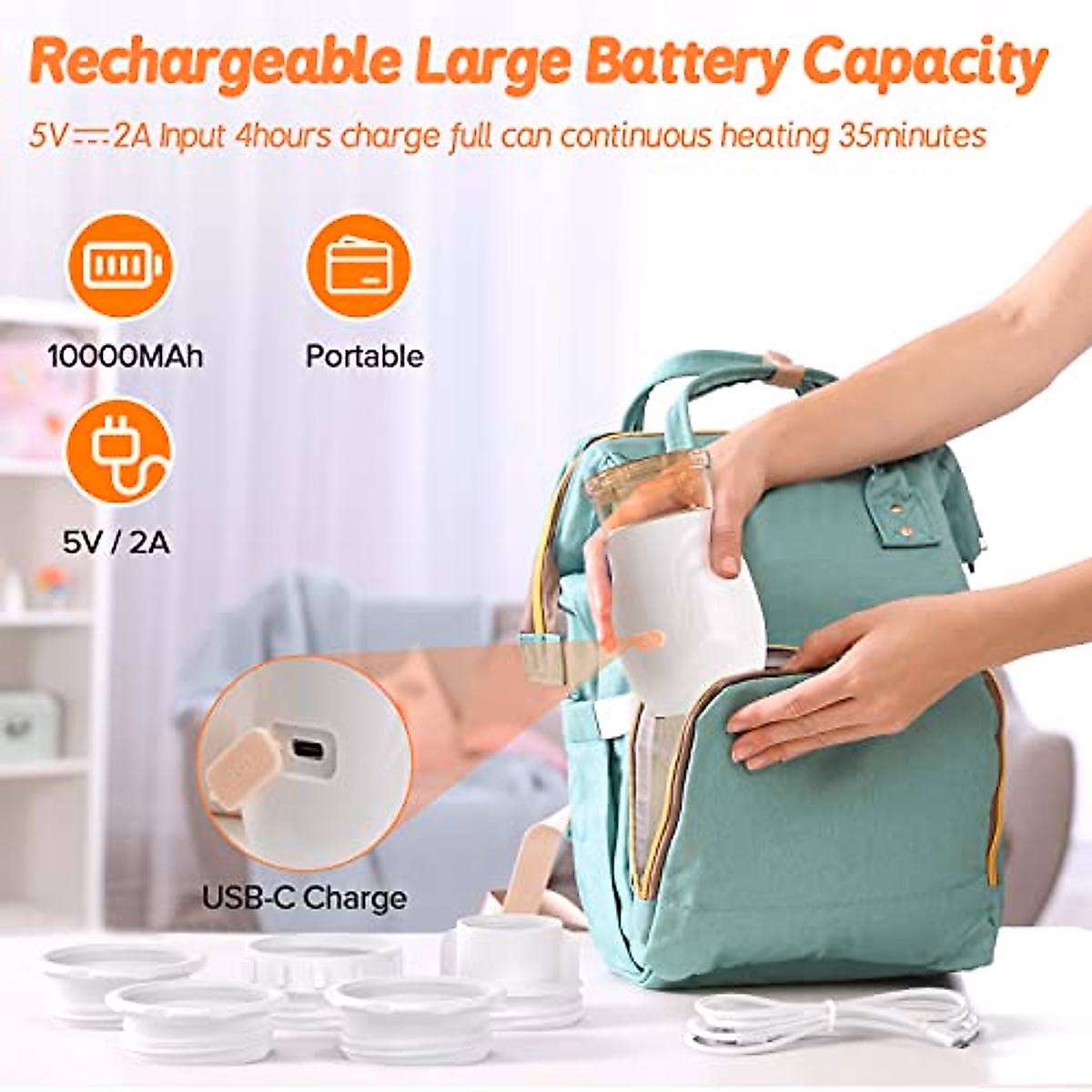 Baby Bottle Warmer for Breastmilk with 5 Adapters, Quick Heating Portable Bottle Warmer Rechargeable Travel Bottle Warmer with 5-Temperature Real-time Display & Beep Prompts, Baby Brew Bottle Warmer