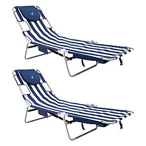 Ostrich Backpack Chaise Folding Lounge Chair w/4 Adjustable Position, Carrying Straps, Side Pocket and Storage Bag, Navy Stripe (2 Pack)