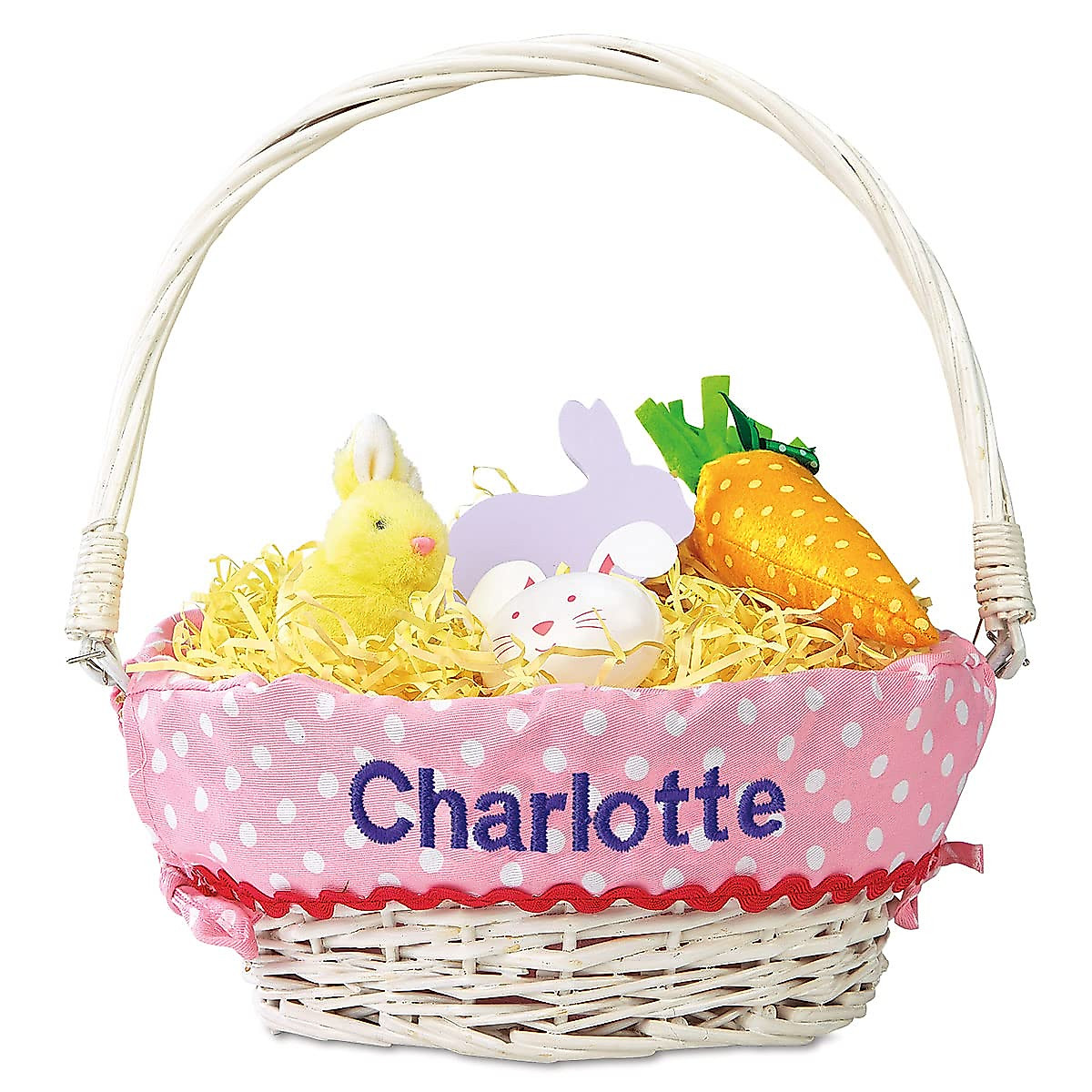 Lillian Vernon Kids Personalized Wicker Easter Basket - Removable Pink Liner With Embroidered Name, For Young Girls & Boys, Baby’s First Egg Hunt, Cute Custom Spring Gifts, 11” x 14”