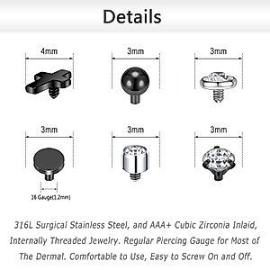 ZS 16G Dermal Surgical Steel Diamond Tops for Men Women Surface Tops Black Gold Microdermal Piercing Jewelry (B:20pcs Tops)
