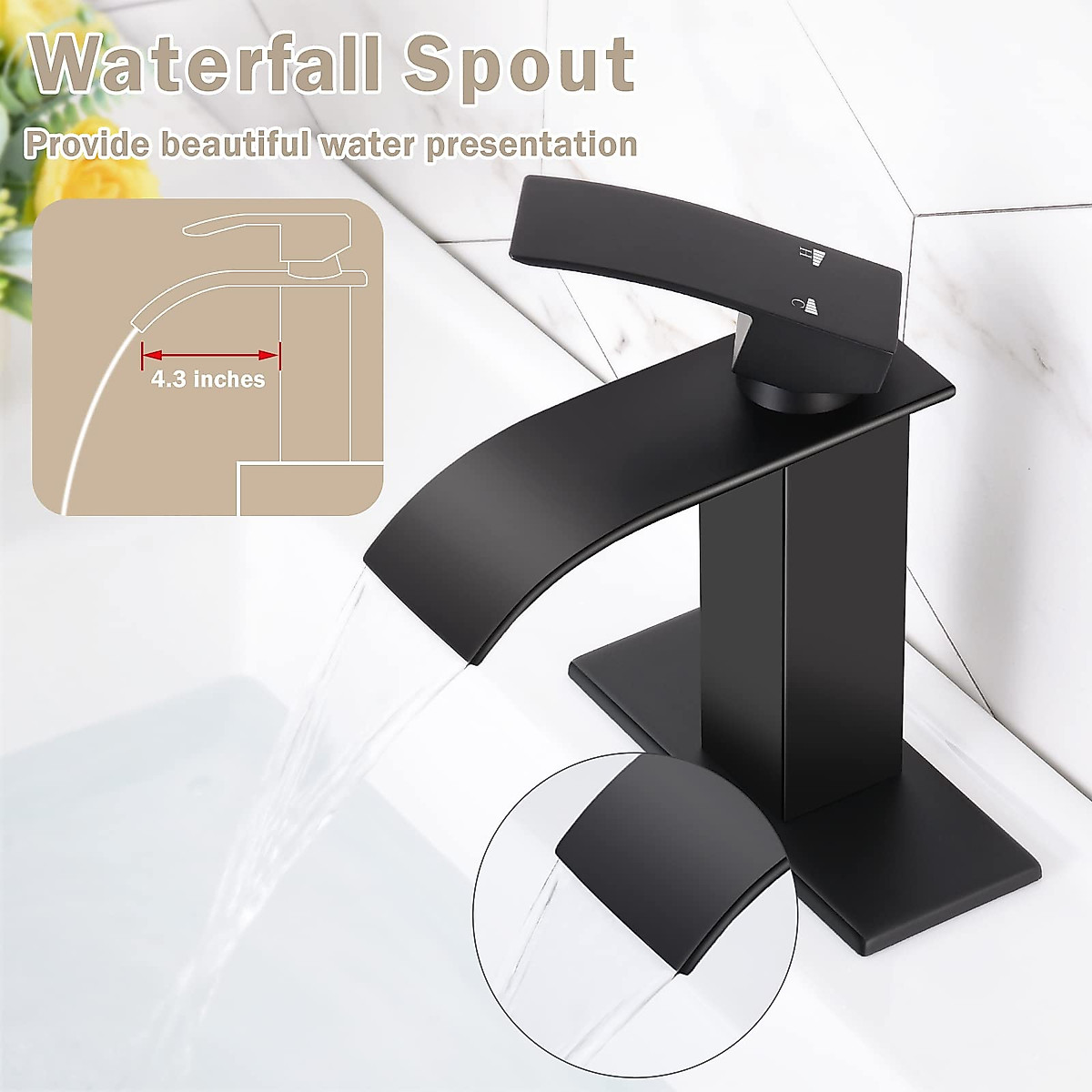 Qomolangma Waterfall Bathroom Faucet, Matte Black Modern Single Handle Bathroom Faucets for 1 or 3 Hole Bathroom Sink Faucet Mixer Tap Washbasin Faucet with Deck, Pop-up Drain and Supply Hoses