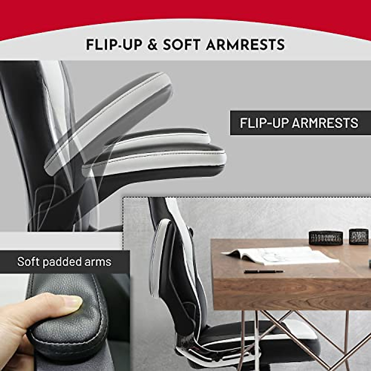 Office Chair, Ergonomic Desk Chair Flip-up Padded Armrests Gaming Chair PU Leather Computer Chair Executive Swivel Task Chair for Working Studying (White, Flip-up armrest)