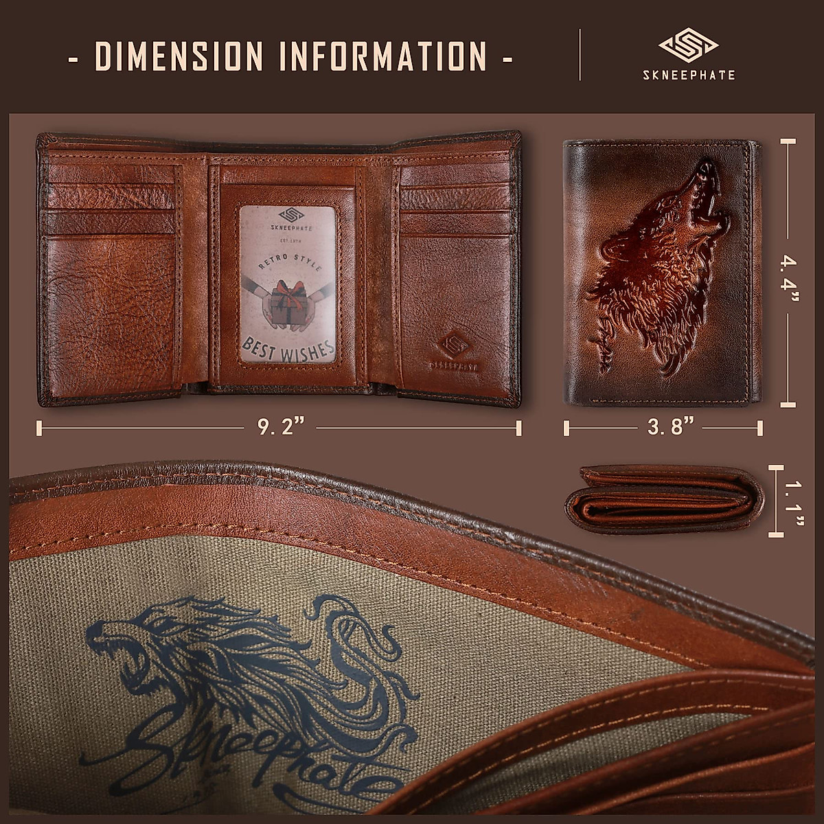 skneephate Men's Trifold Wallet,Wolf Wallets For Men Leather,Rfid Blocking,Gifts For Him Husband (brown)