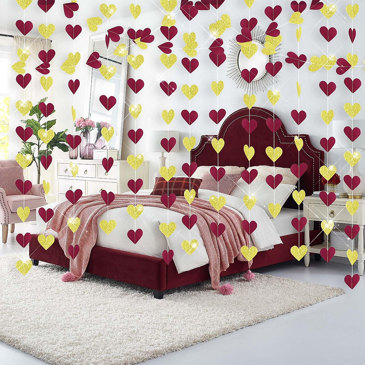 Bridal Shower Decorations Burgundy Gold Fall/Burgundy Gold Birthday Party Decorations/Valentines Day Decorations//Burgundy Bachelorette Decorations/Burgundy Heart Paper Garlands