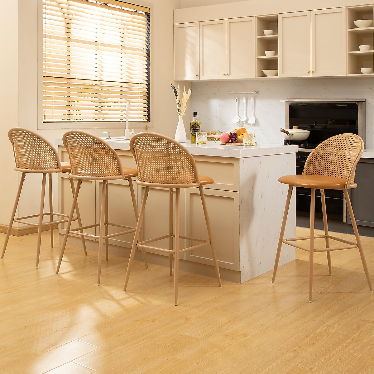 SICOTAS Rattan Bar Stools Set of 2 - Boho Counter Height Barstools - 29" Armless Bar Stools for Kitchen Island - Farmhouse Bar Stools with Back and Leather Cushion - Vintage Design Tall Kitchen Chairs