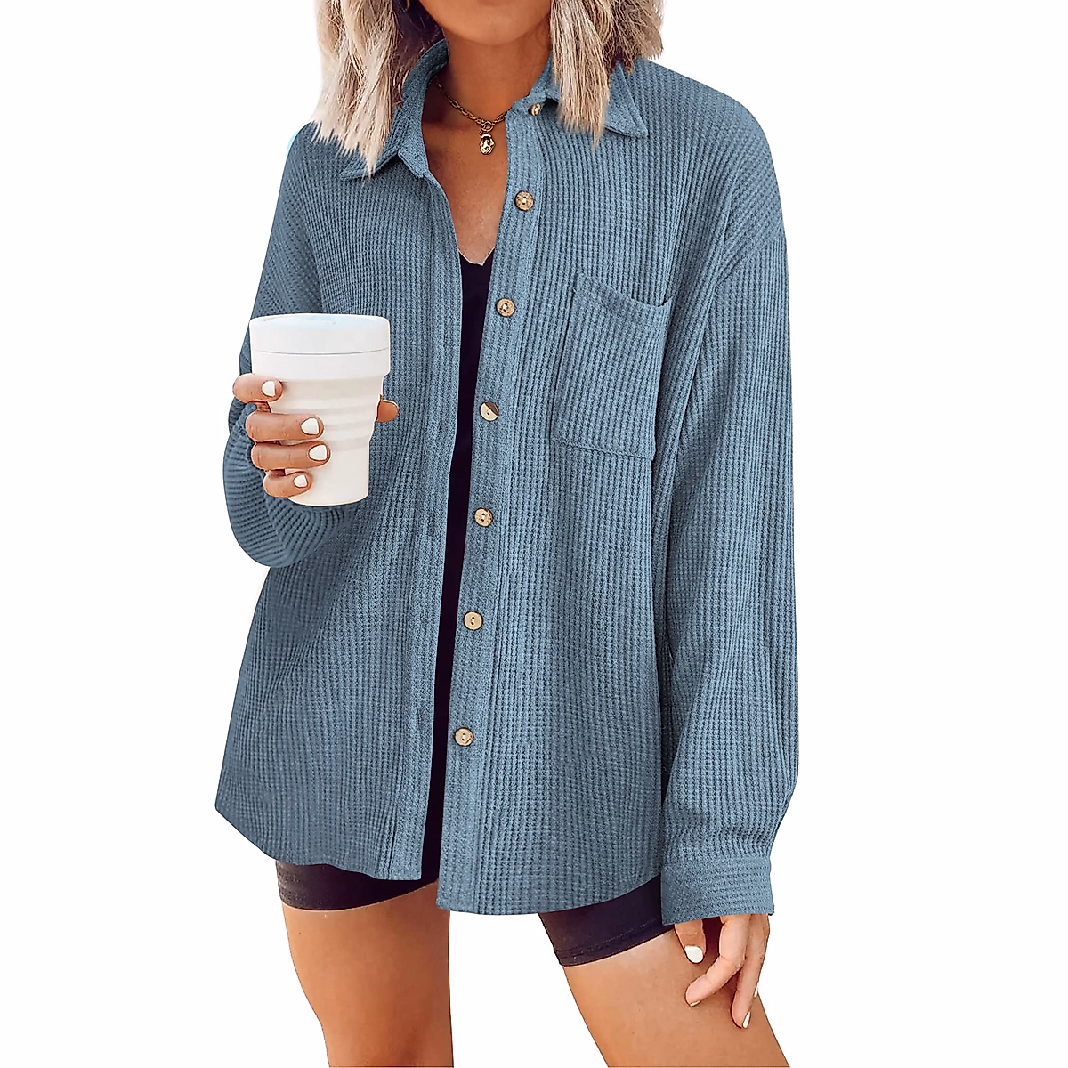 HOTOUCH Waffle Knit Shacket Womens Button Down Shirts Casual Long Sleeve V Neck Button up Blouse Clear Blue S