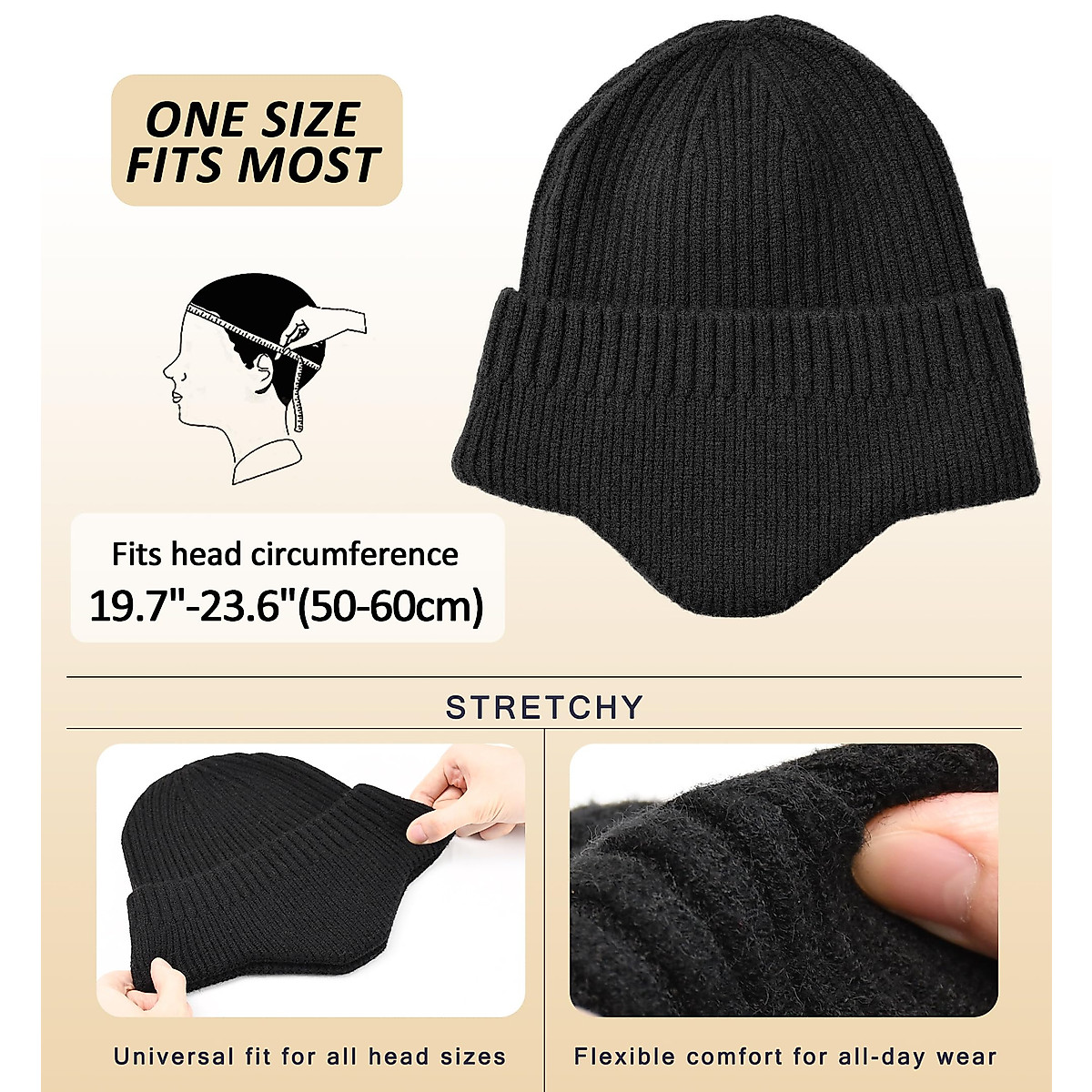 HiRui Knitted Beanie Hats Winter Hats Ear Covers for Men Women Kids Warm Slouchy (Black)