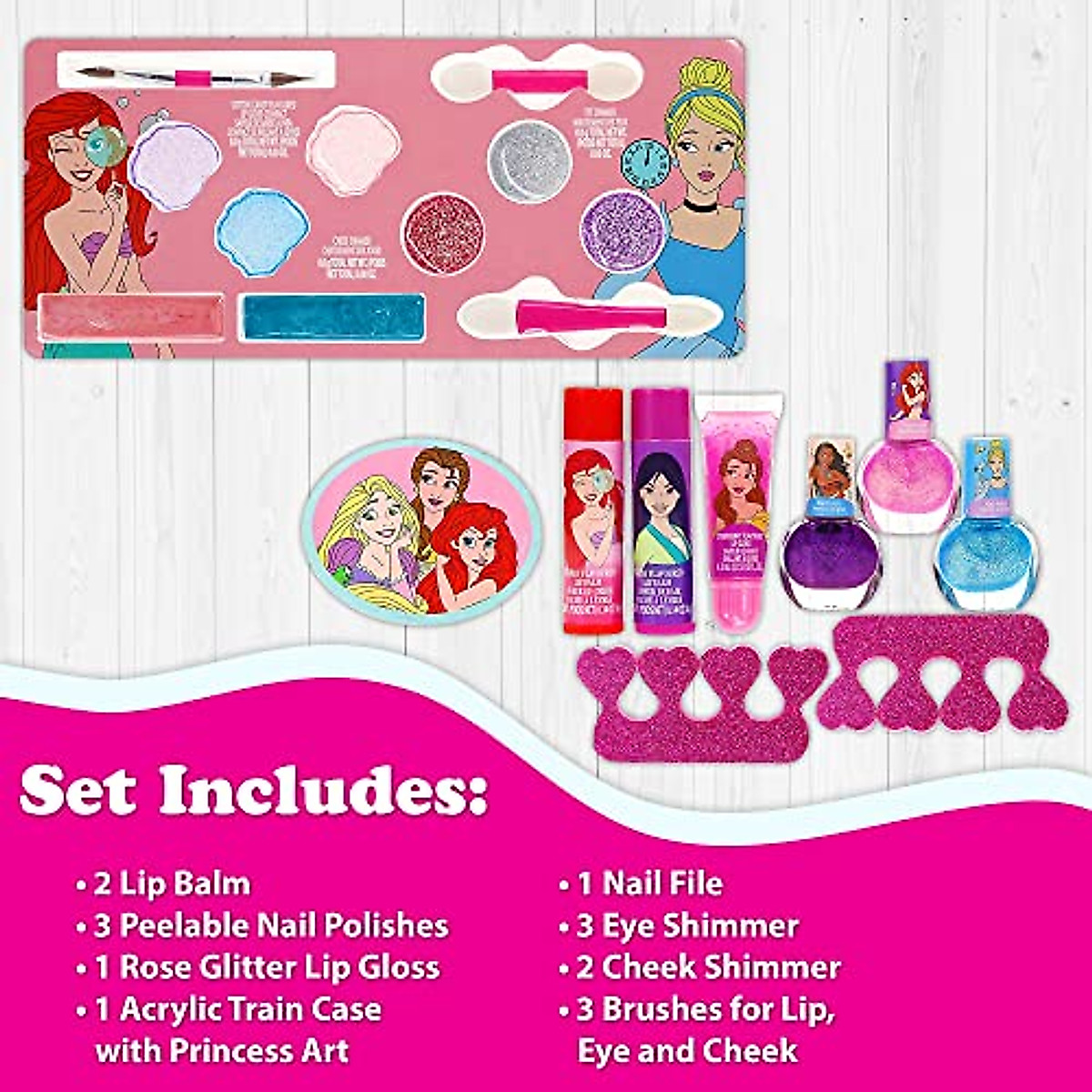 Disney Princess Train Case Girls Beauty Set, Kids Makeup Kit for Girls, Real Washable Toy Makeup Set, Play Makeup, Pretend Play, Party Favor, Birthday, Toys Ages 3 4 5 6 7 8 9 10 11 12