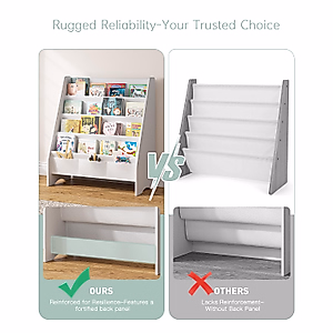 SEIRIONE Sturdy Kids Bookshelf, Book Shelf for Kids Room with Tear-Proof Oxford Sling, Eco-Safe Toddler Bookshelf, Childrens Bookshelf with Ideal Height for Quick Book Access, White/Wood Texture