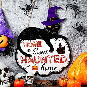 Barydat Halloween Decorations Halloween Black Cat Wooden Welcome Sign for Front Door Halloween Home Sweet Haunted Home Door Sign Rustic Wooden Holiday Decor for Indoor Outdoor Halloween Party Supplies