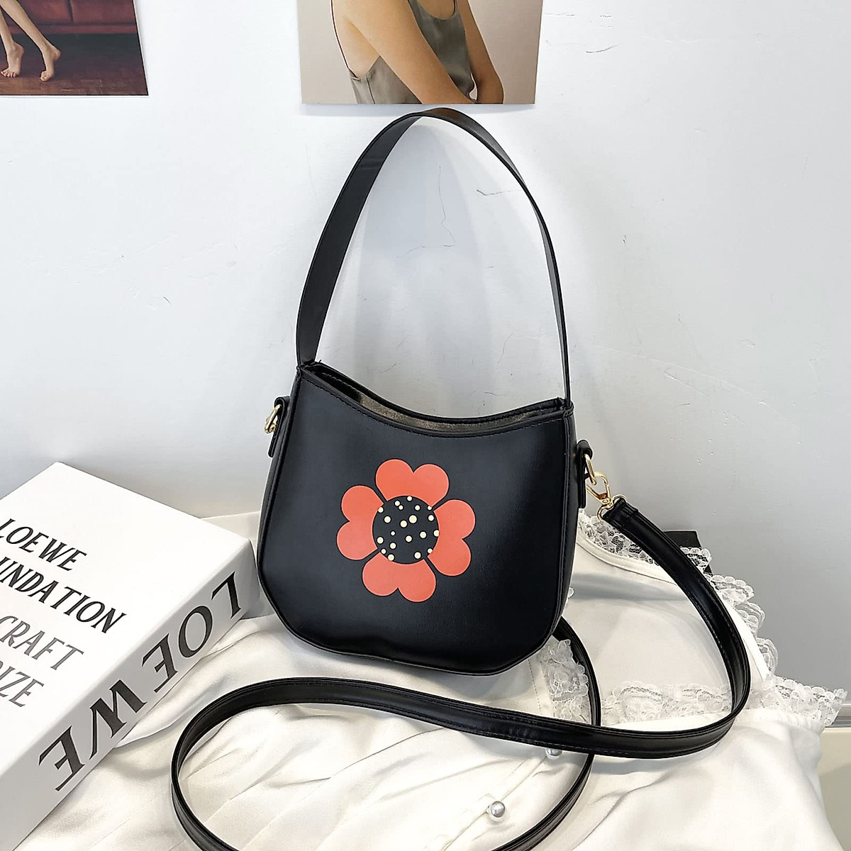 Simple Quilted Crossbody Bag, Printing Small Leather Crossbody Bags Ladies Leather Shoulder Bag Clutch (Black)