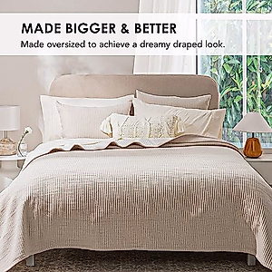 EVERGRACE Quilt King Size, Ultra Soft Cotton Blend Quilt Sets, Pre-Washed Channel Pick Stitch Bedding Sets, Reversible Oversized Bedspread, Lightweight Matelasse Coverlet with 2 Shams, Beige