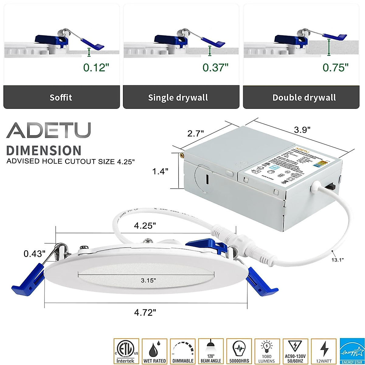 Adetu 12 Pack 4 Inch Ultra-Thin LED Recessed Ceiling Light with Junction Box, Dimmable Canless Wafer Downlight,6000K Daylight Deluxe,9W Eqv 80W,810LM High Brightness,ETL and Energy Star Certified